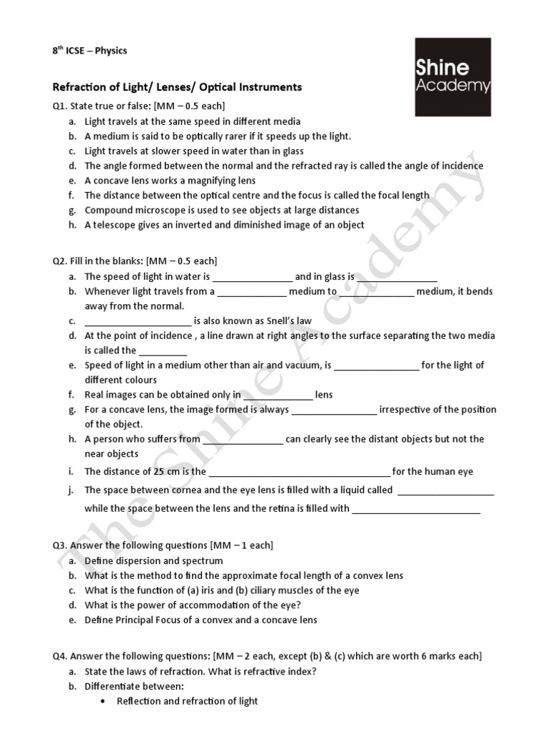 8th ICSE Physics Test - Refraction Lenses Optical Instruments | PDF ...