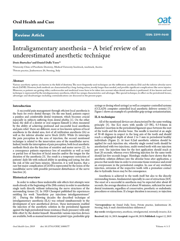 Intraligamentary Anesthesia - A Brief Review of An Underestimated ...
