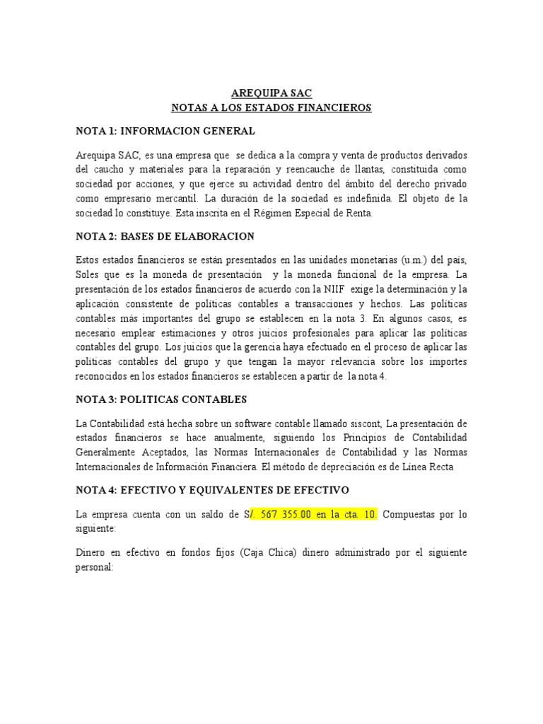 Notas A Los Eeff Arequipa Sac | PDF | normas internacionales de INFORMACION FINANCIERA ...