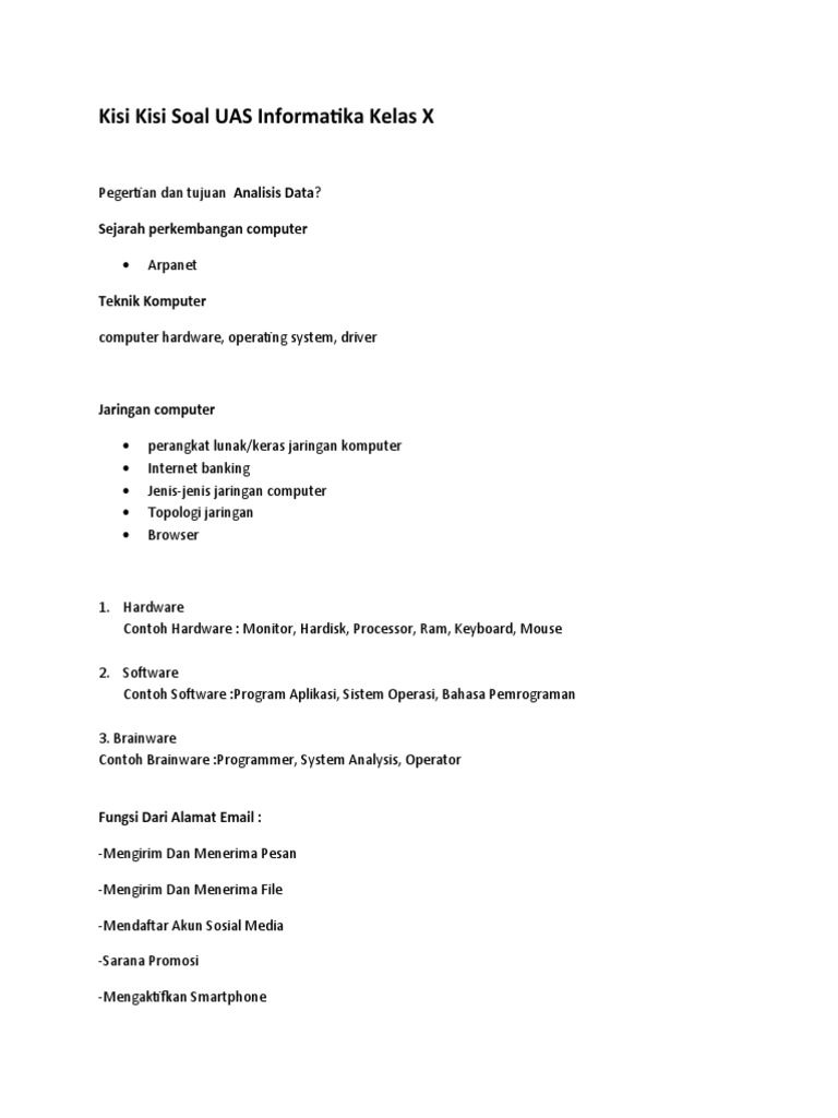 Kisi Kisi Soal UAS Informatika Kelas X | PDF