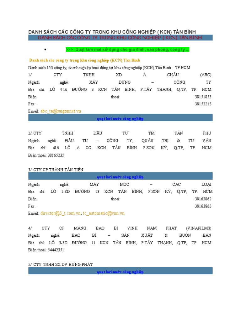 DANH SÁCH KCN Tan Binh | PDF