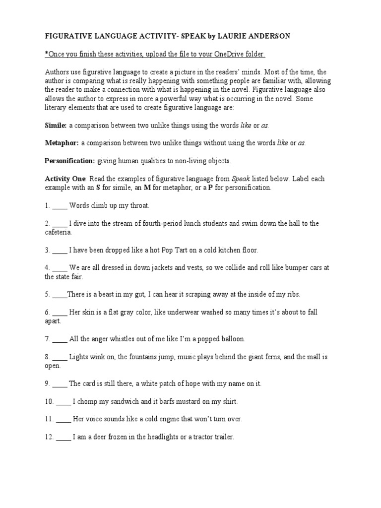 Figurative Language Activity-Speak | PDF | Language Arts & Discipline ...