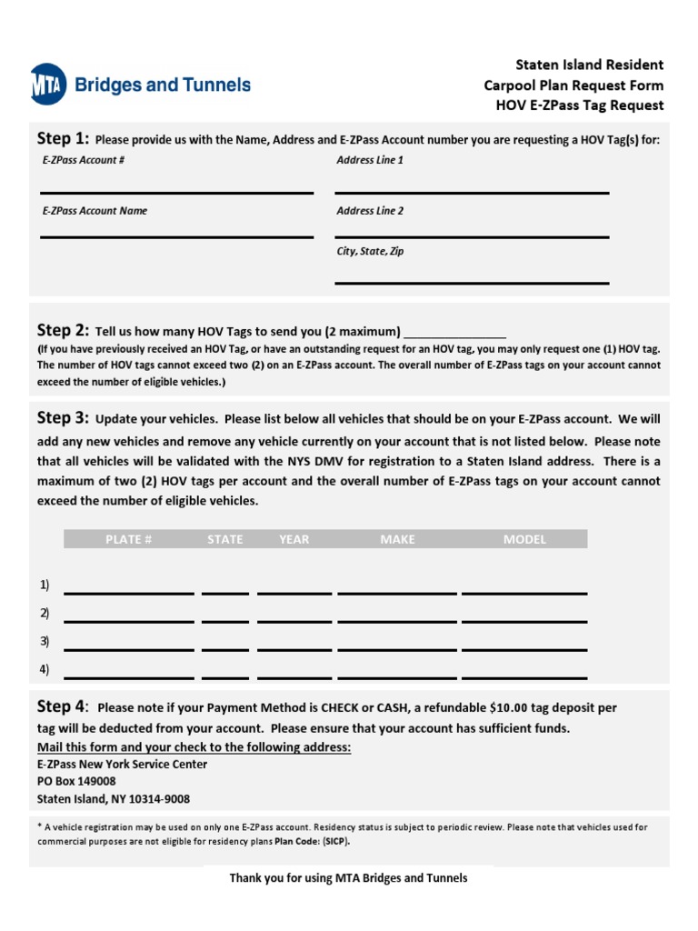 Staten Island Resident Carpool Tag Request Form | PDF