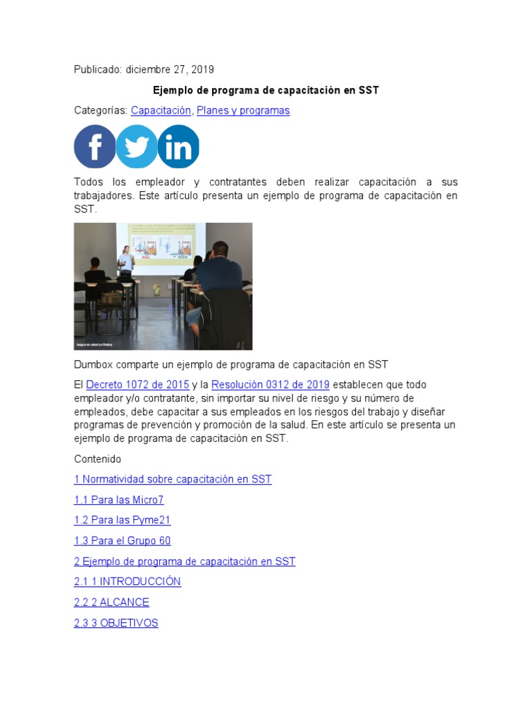 Ejemplo de Programa de Capacitación en SST | PDF | Gestión de recursos ...