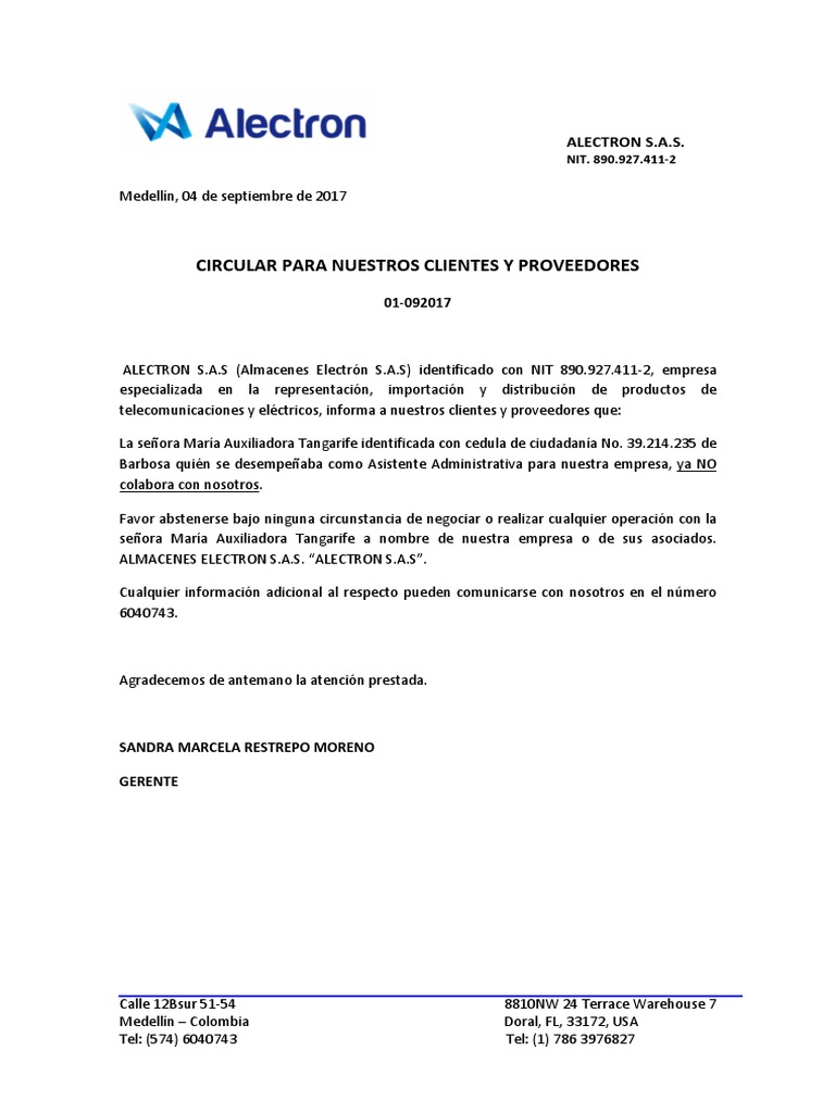 Modelo de Comunicado A Proveedores y Clientes | PDF
