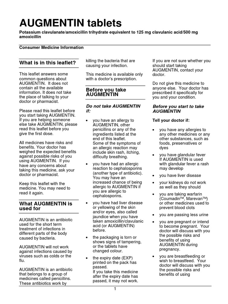 AUGMENTIN Tablets: What Is in This Leaflet? | PDF | Pharmacology ...