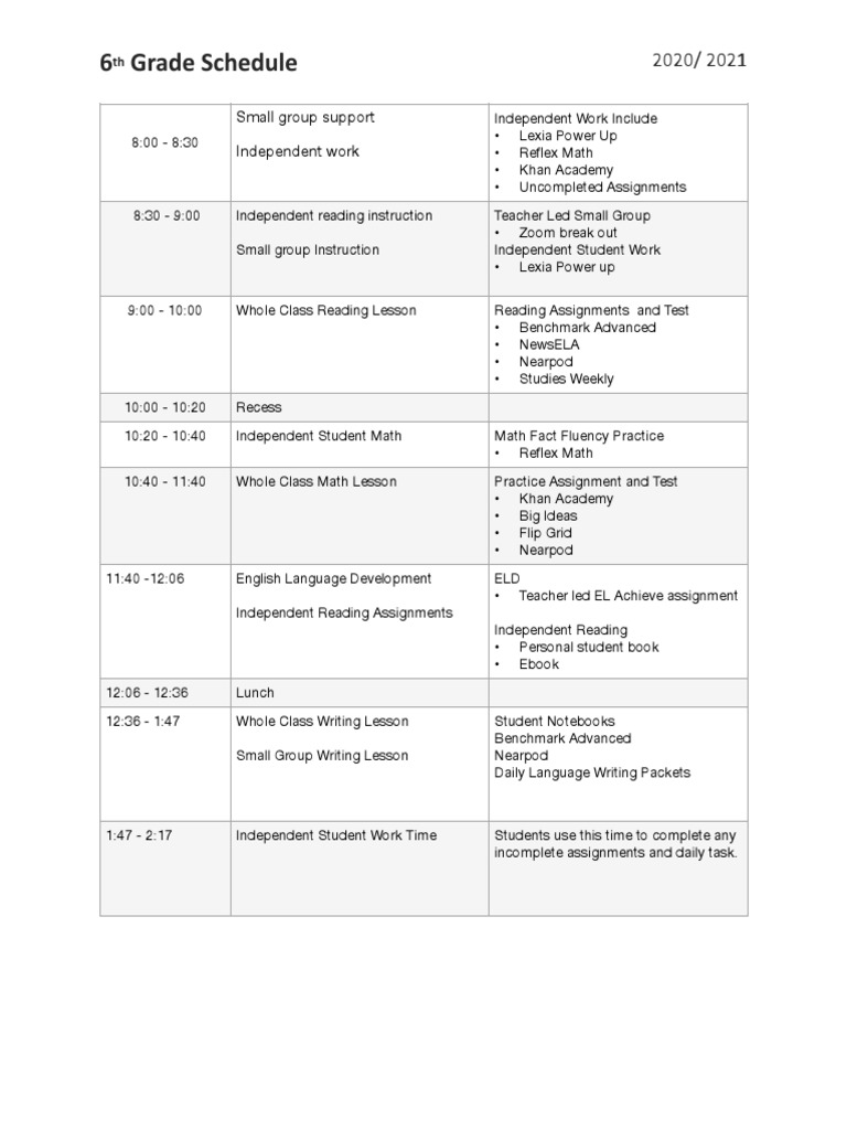 6th Grade Schedule | PDF | Education Theory | Pedagogy