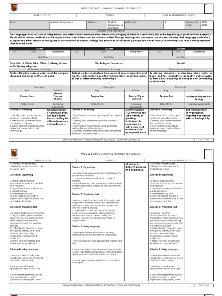 MYP Year 2 Annual Planner | Download Free PDF | Syntax | Plot (Narrative)