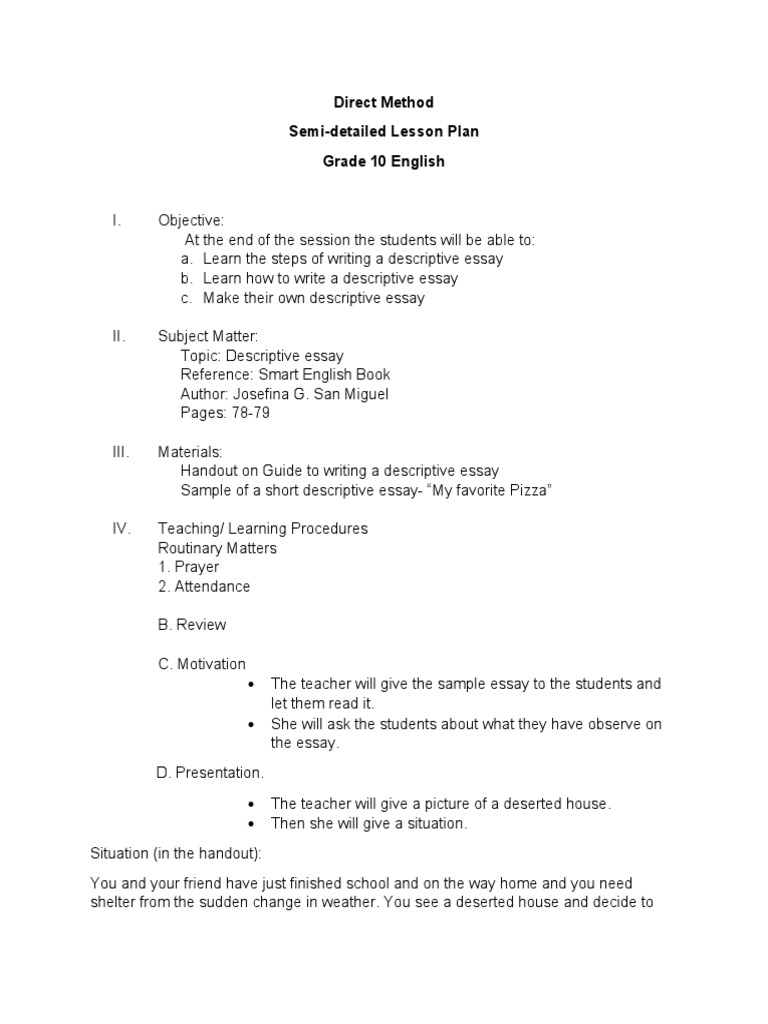 Direct Method Semi-Detailed Lesson Plan Grade 10 English | Download ...