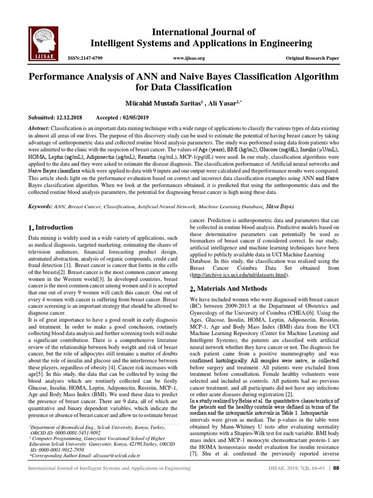 Performance Analysis Of Ann And Naive Bayes Classification Algorithm