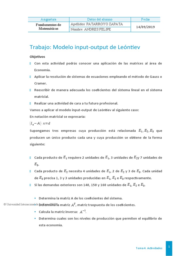 Leontiev | PDF | Modelo de entrada-salida | Matriz (Matemáticas)
