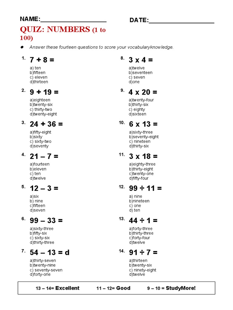 Numbers Quiz: 14 Questions & Answers | PDF