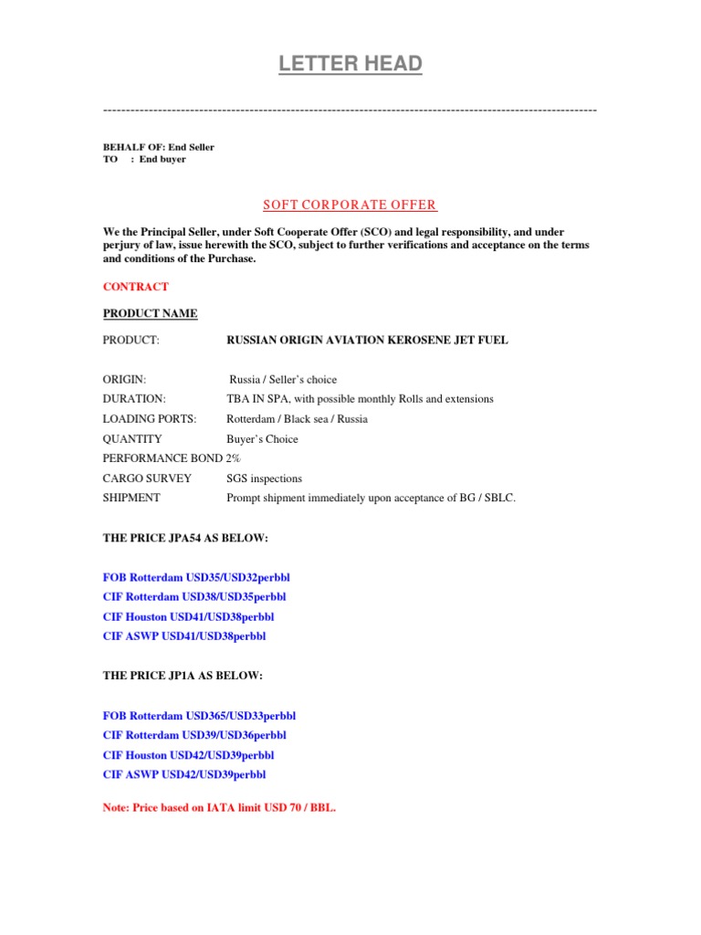 SCO Jet Fuel Offer Letter | PDF | Jet Fuel | Letter Of Credit