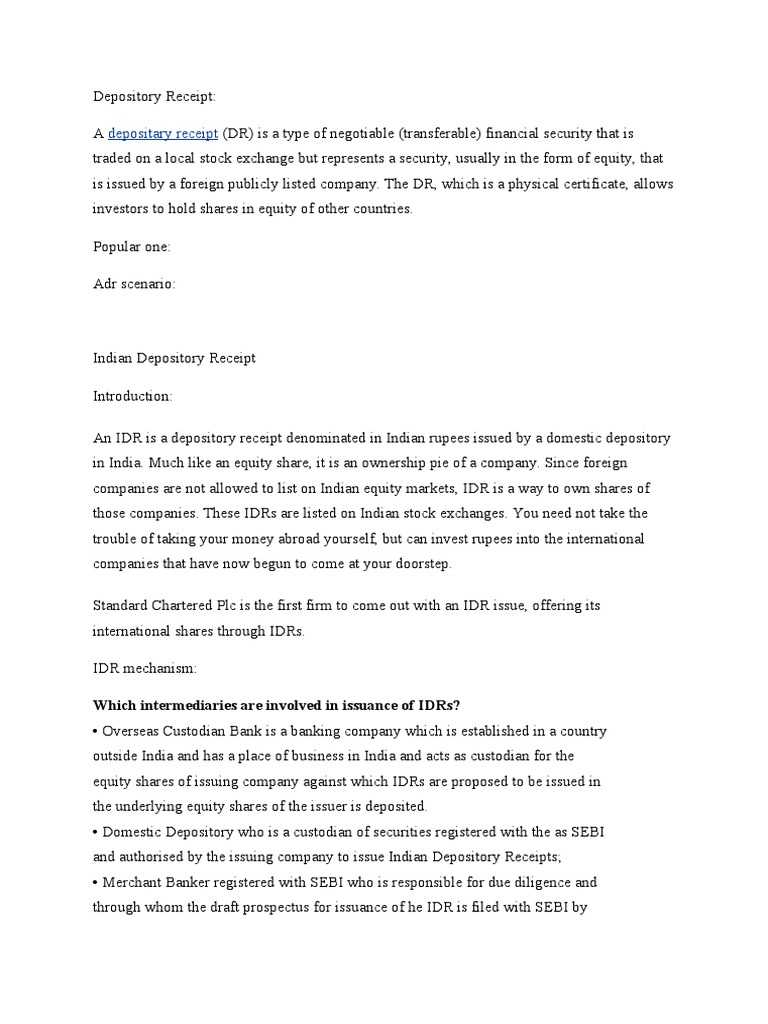 Indian Depository Receipt | PDF | Stocks | Stock Market