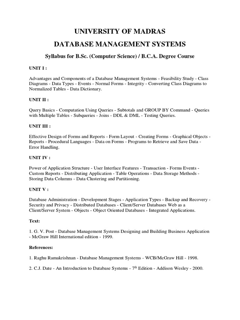 University of Madras Database Management Systems: Syllabus For B.Sc ...