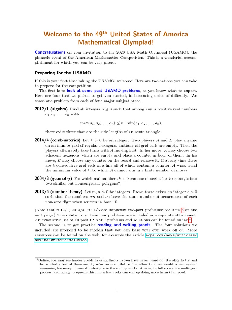 Welcome To The 49 United States of America Mathematical Olympiad! | PDF ...