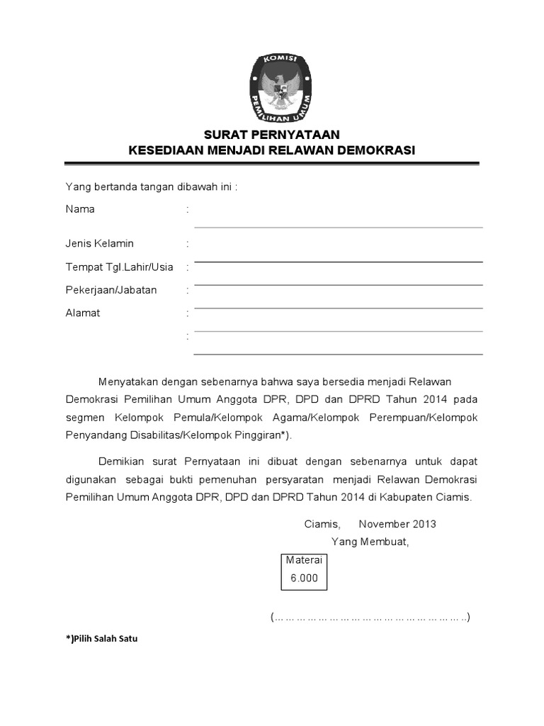 Surat Pernyataan Kesediaan Menjadi Relawan Demokrasi | PDF