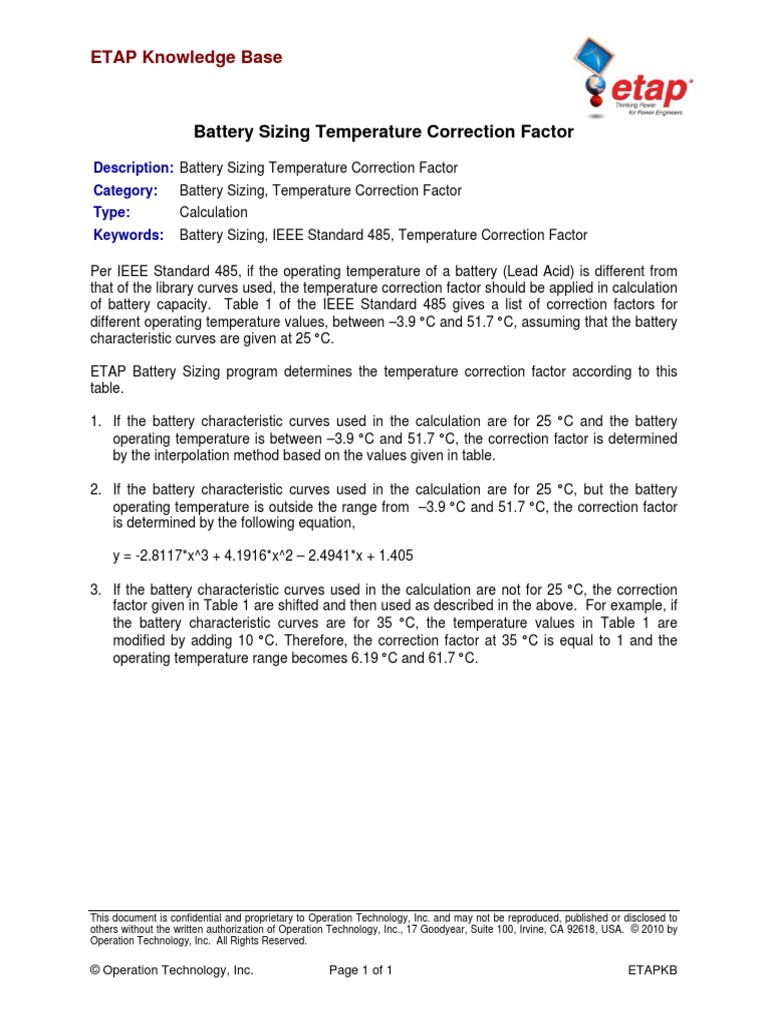 Battery Sizing Temperature Correction Factor PDF | PDF