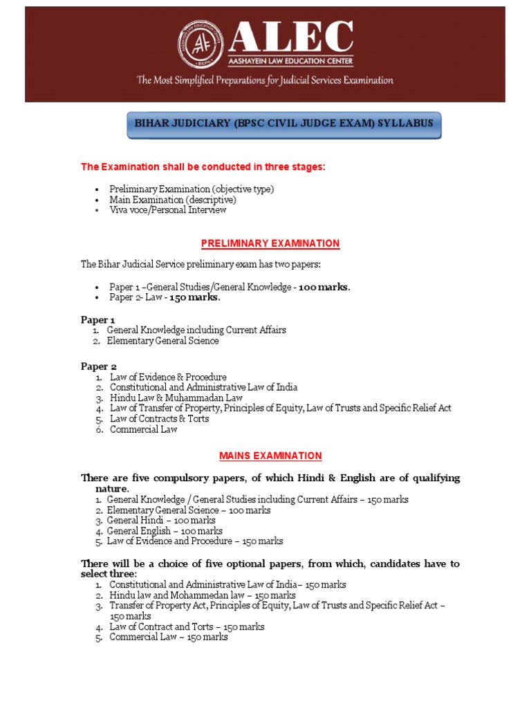 Bihar Judiciary (BPSC Civil Judge Exam) Syllabus Bihar Judiciary (BPSC Civil Judge Exam ...