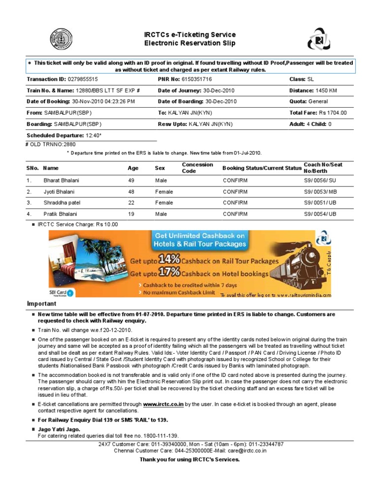Electronic Reservation Slip for travel from Sambalpur to Kalyan ...