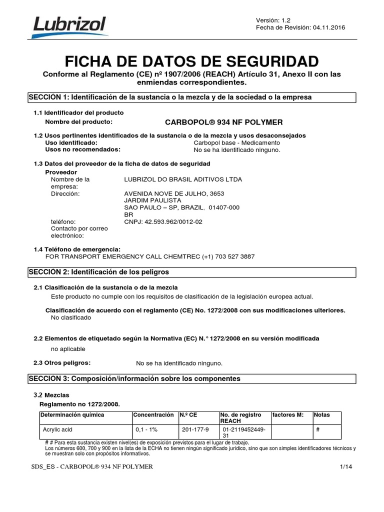 Carbopol 934 NF Polymer MSDS | PDF | Guante | Contaminación