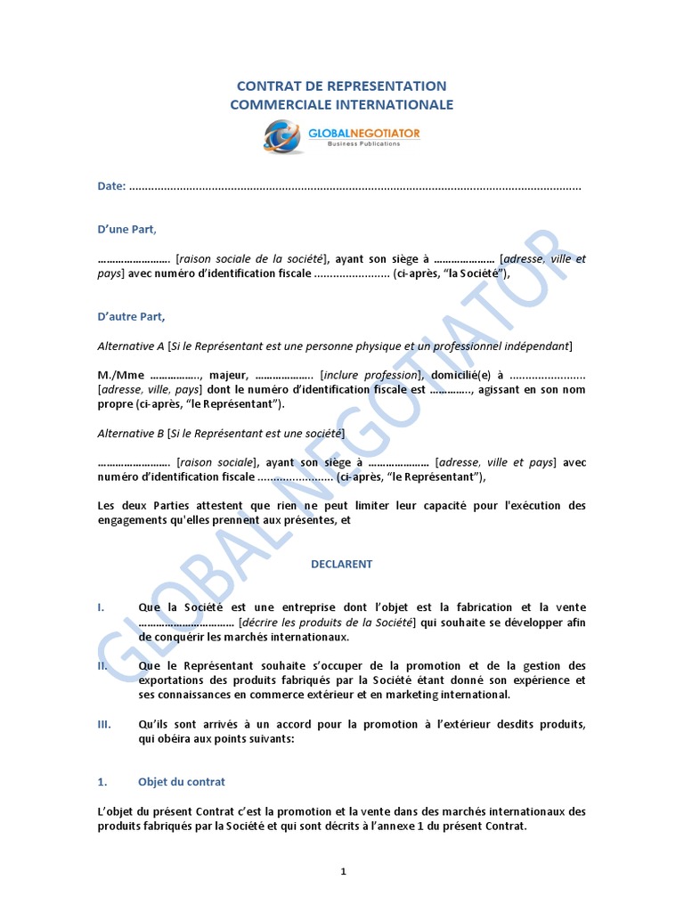 Contrat de Representation Commerciale Internationale | PDF | Sodles ...
