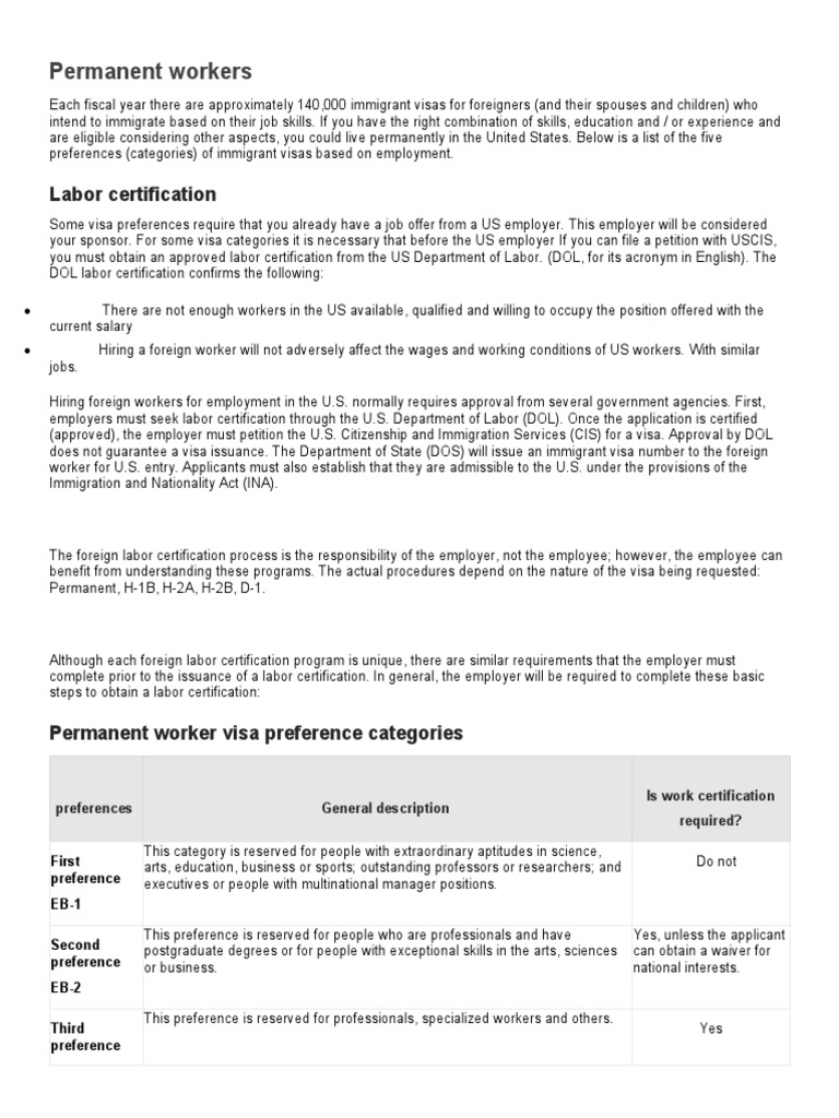 Permanent Workers: Labor Certification | PDF | Immigration ...