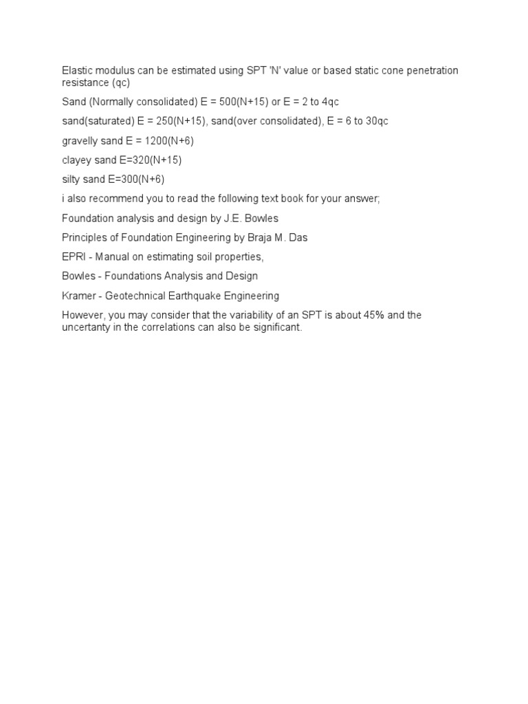 SPT N Value To E Modulus - 1 | PDF