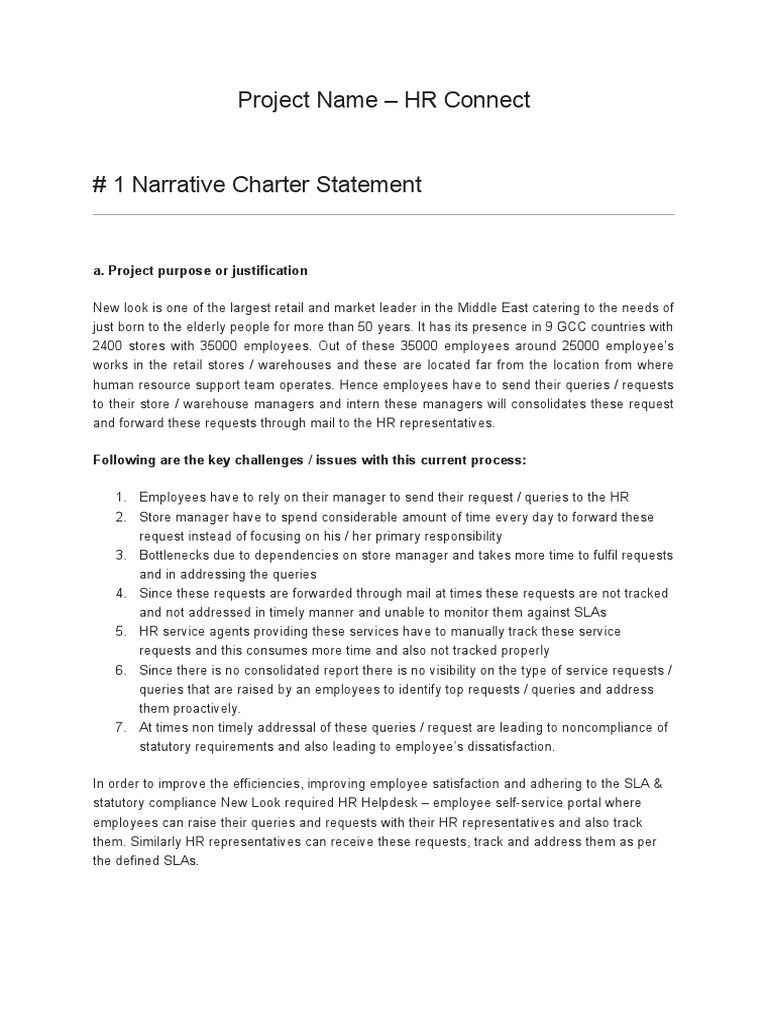 Project Work - Narrative Charter Statement | PDF | Service Level Agreement | Information Technology