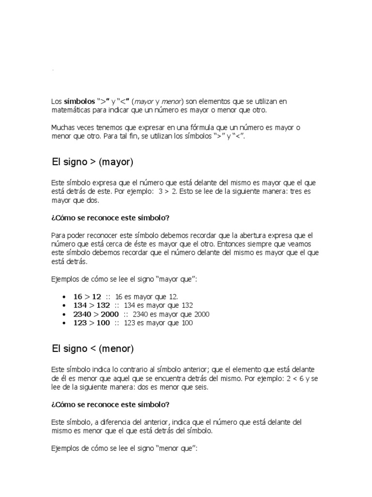 Signos Mayor y Menor en Matemáticas | PDF