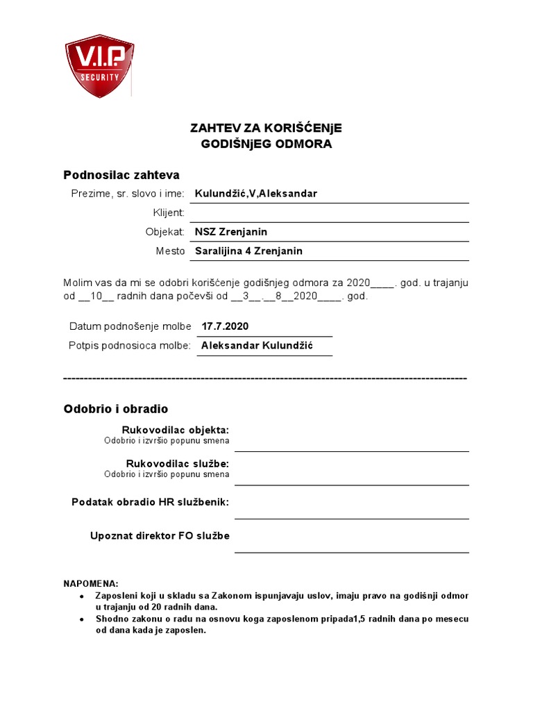 Zahtev Za Godišnji Odmor | PDF