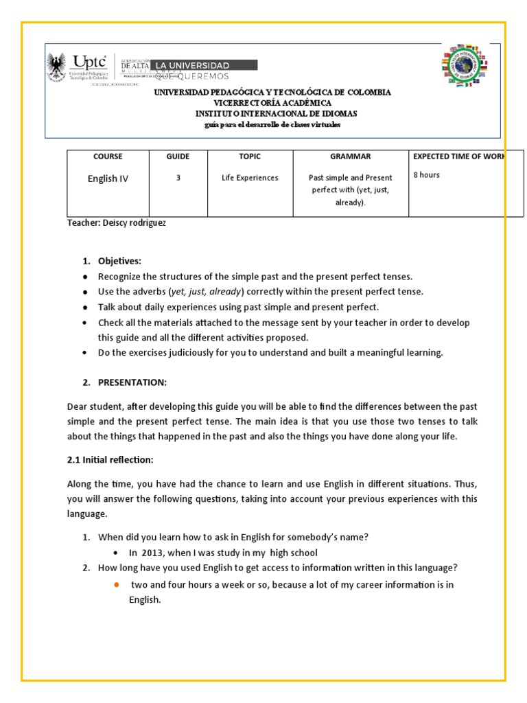 Objetives:: Course Guide Topic Grammar Expected Time of Work | Download ...