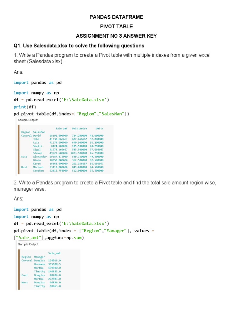 Pandas Dataframe Assignment No 3 - Answerkey | PDF | Computer Programming | Applied Mathematics