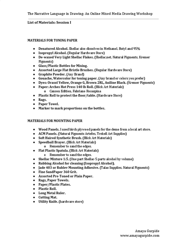 List of Materials: Session I: The Narrative Language in Drawing: An ...
