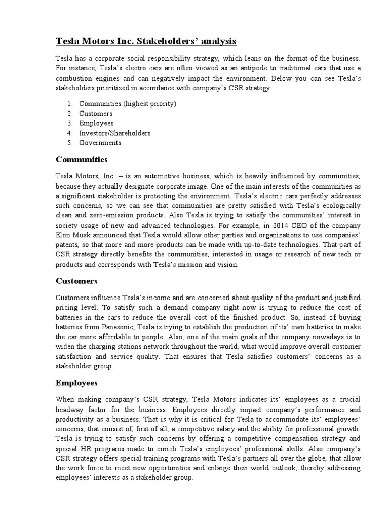 Tesla Motors Inc. Stakeholders' Analysis: Communities | PDF | Corporate ...