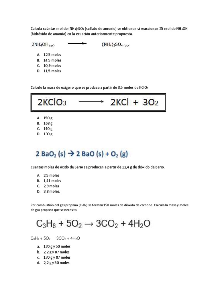 Calculos Estequiometricos Respuestas Ejercicio Quiz | PDF