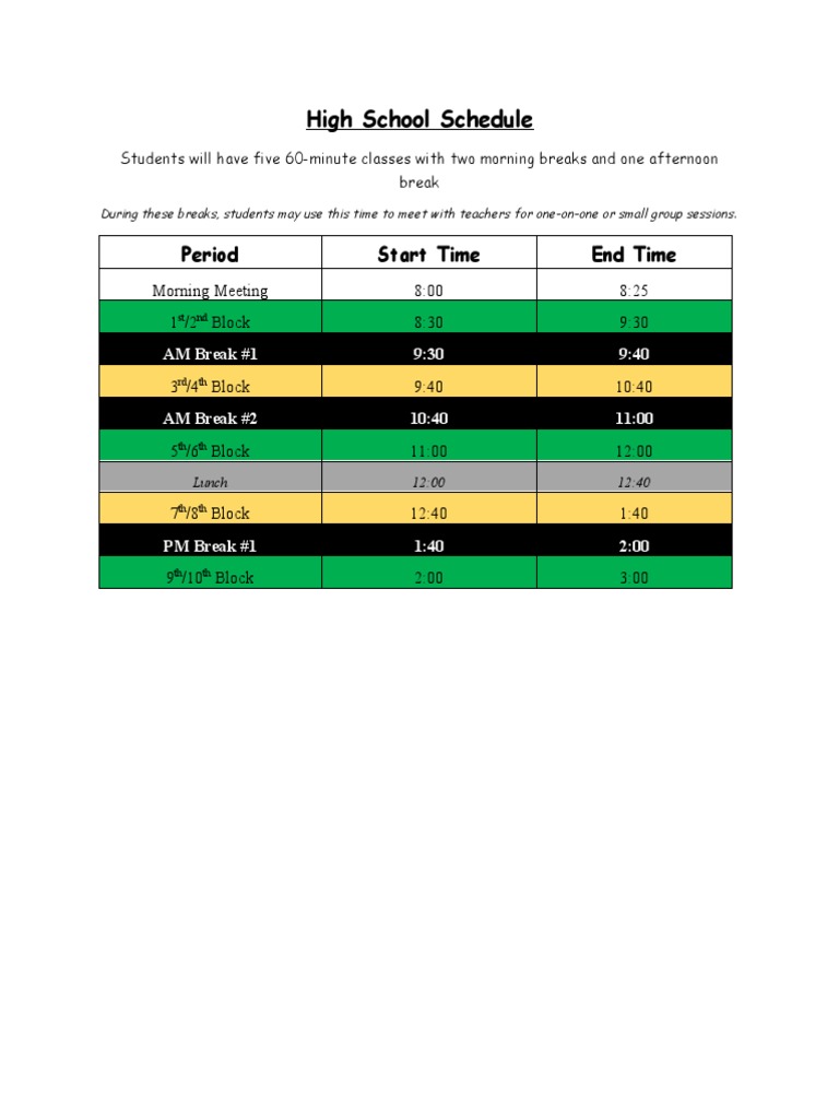 High School Daily Class Schedule | PDF