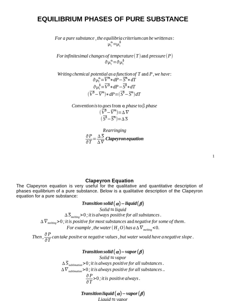 Equilibrium Phases of Pure Substance: Clapeyron Equation | PDF | Phase (Matter) | Statistical ...