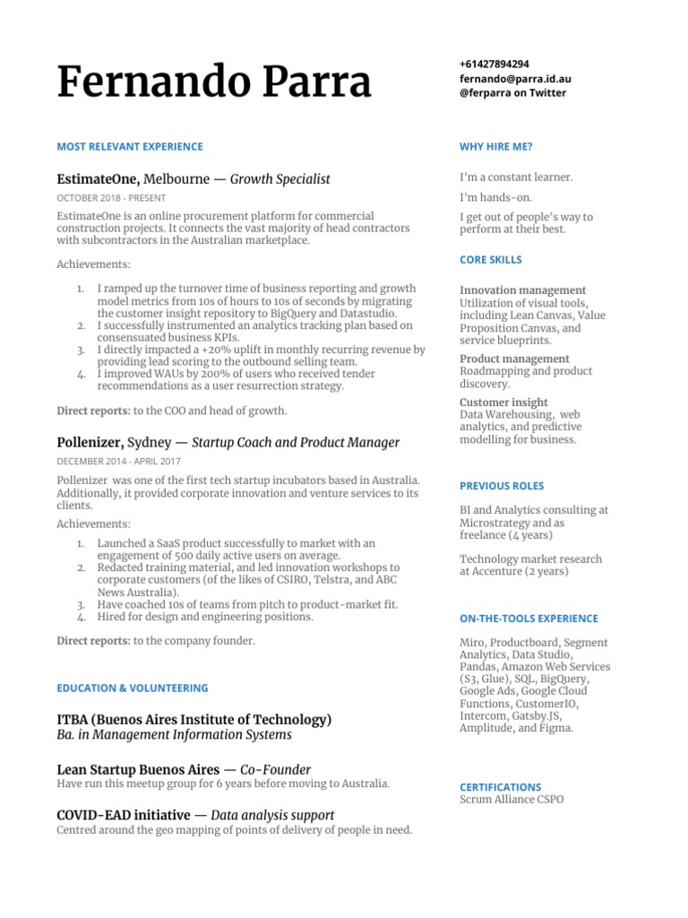 CV - Fernando Parra - One Pager | PDF | Analytics | Startup Company