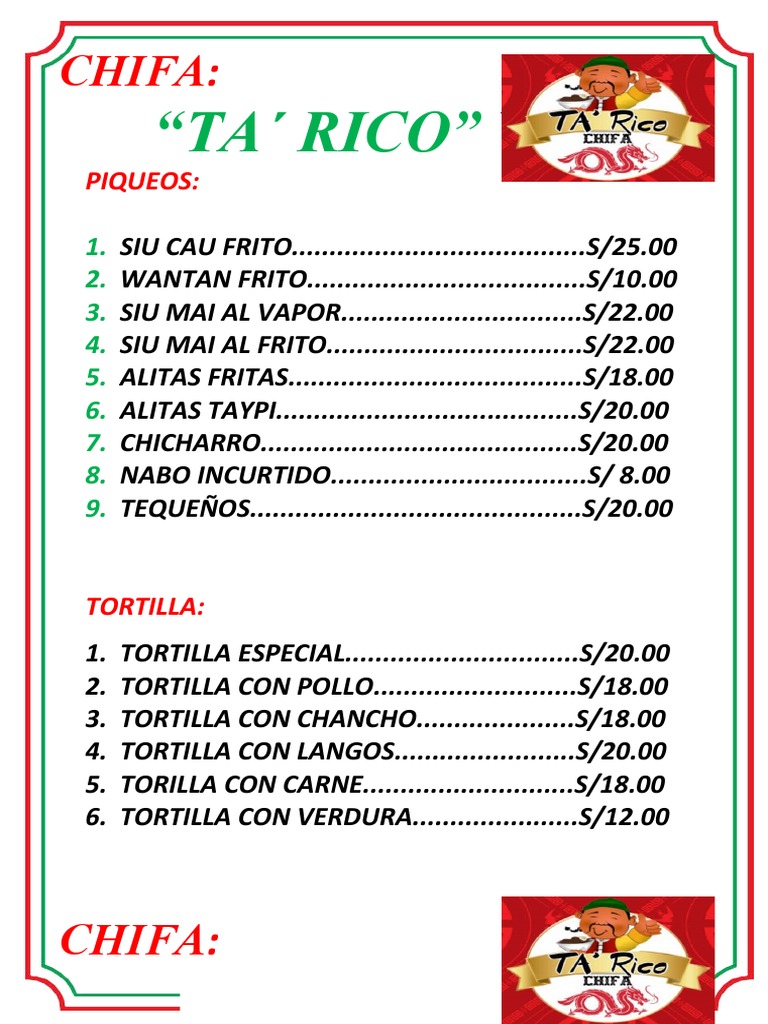 Chifa Menú | PDF | Cocina de las Americas | Alimentos