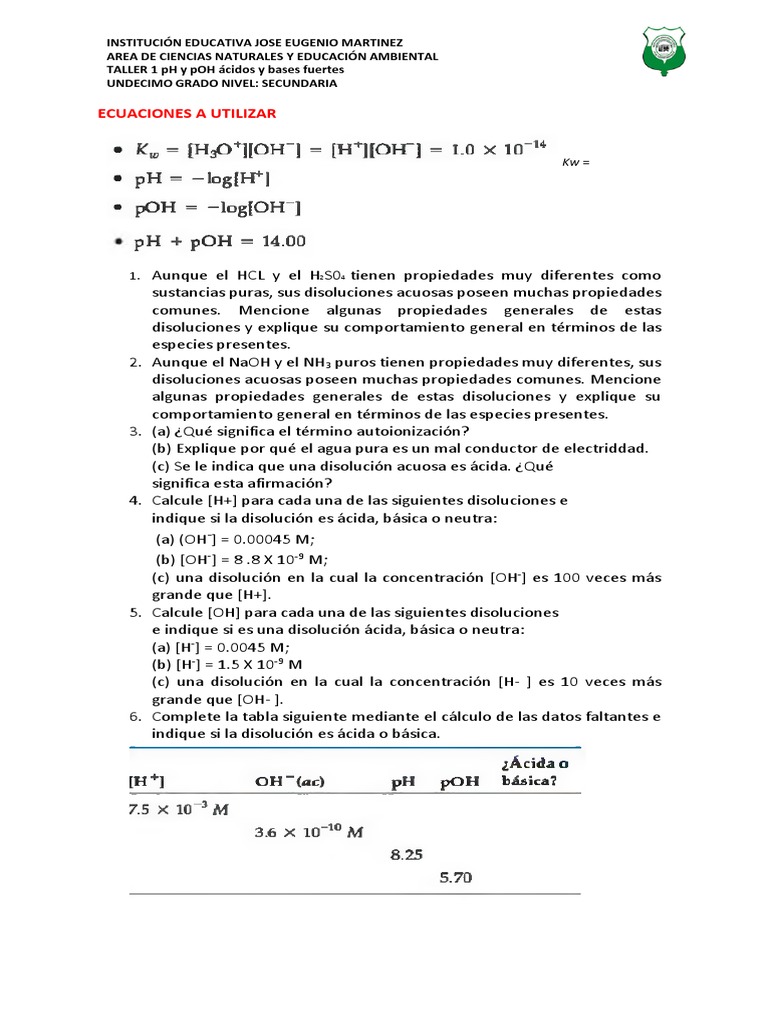 Taller 1 PH y pOH | PDF | Ph | Análisis