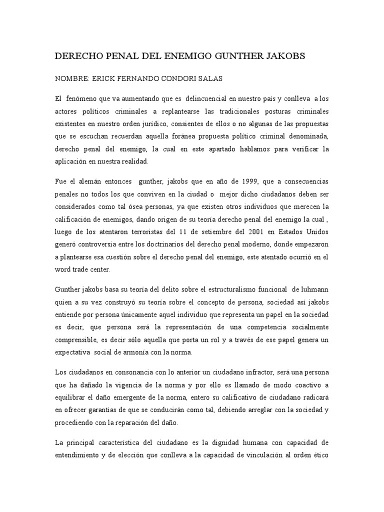 Ensayo Derecho Penal Del Enemigo Gunther Jakobs | PDF | Derecho penal ...