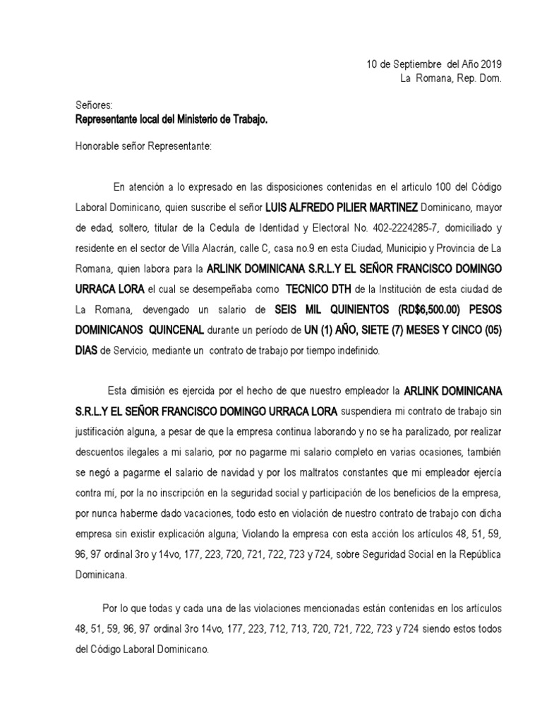 Carta de Dimisión para El Ministerio de Trabajo | PDF | República ...