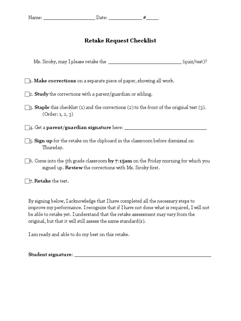5th Grade Test Retake Checklist | PDF