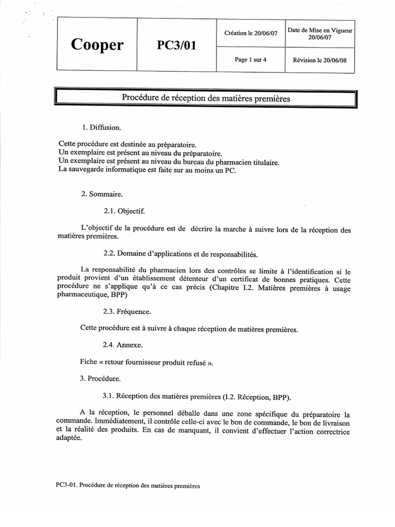 Procedure Reception Matieres Premieres | PDF