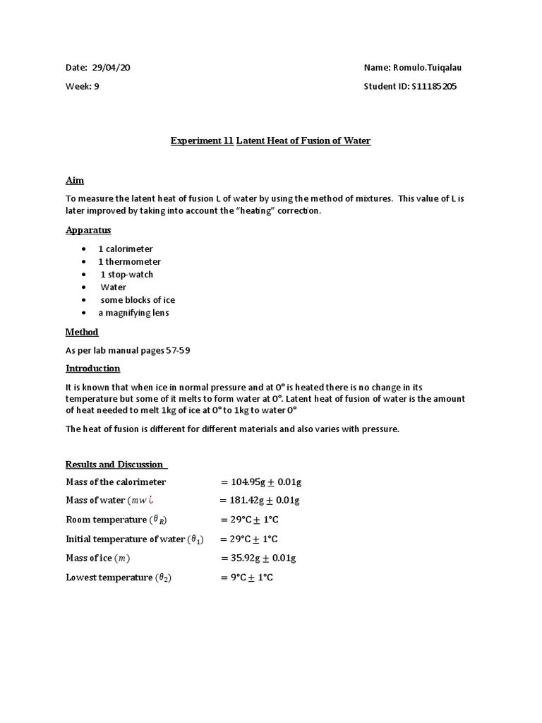 Experiment 11 Latent Heat of Fusion of Water | PDF | Ice | Latent Heat