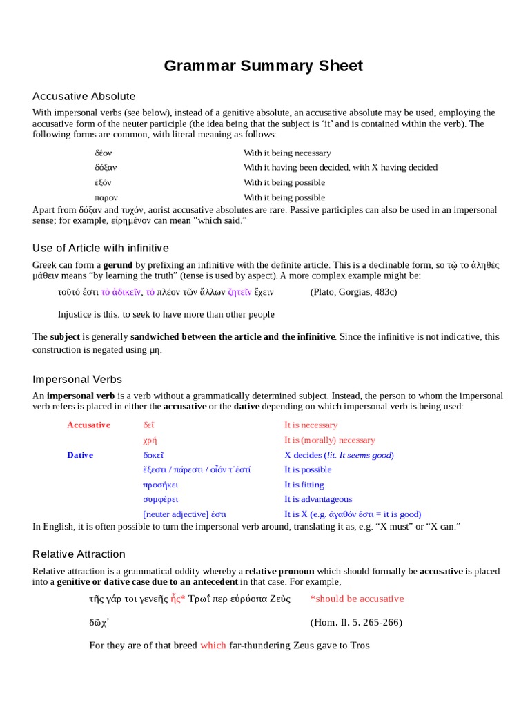 Grammar Summary Sheet: Accusative Absolute | PDF | Verb | Grammar