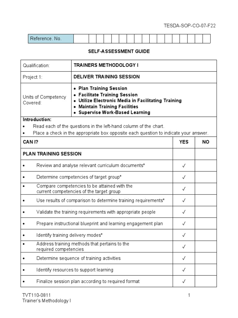 Self-Assessment Guide Trainers Methodology I Deliver Training Session | PDF | Educational ...