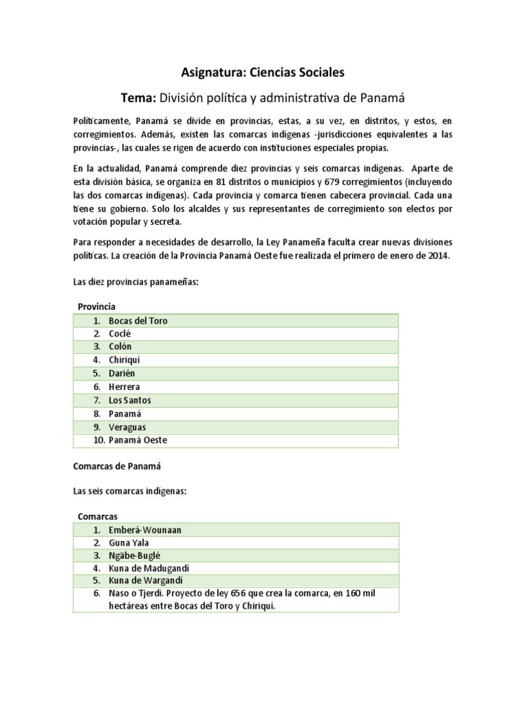 División Política y Comarcas de Panamá | PDF | Política