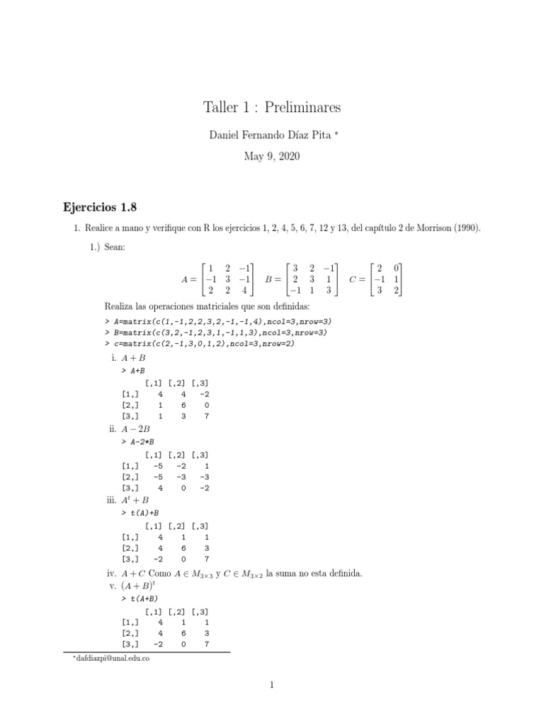 Matrices y Operaciones en R: Taller 1 | PDF | Mathematical Objects ...